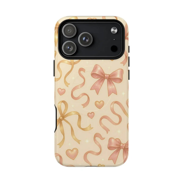Festive Bow Charm iPhone Case — Pink & Gold Ribbon Hearts with MagSafe ...